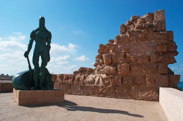 Israel, Middle East: a bronze statue in the Caesarea national park ...
