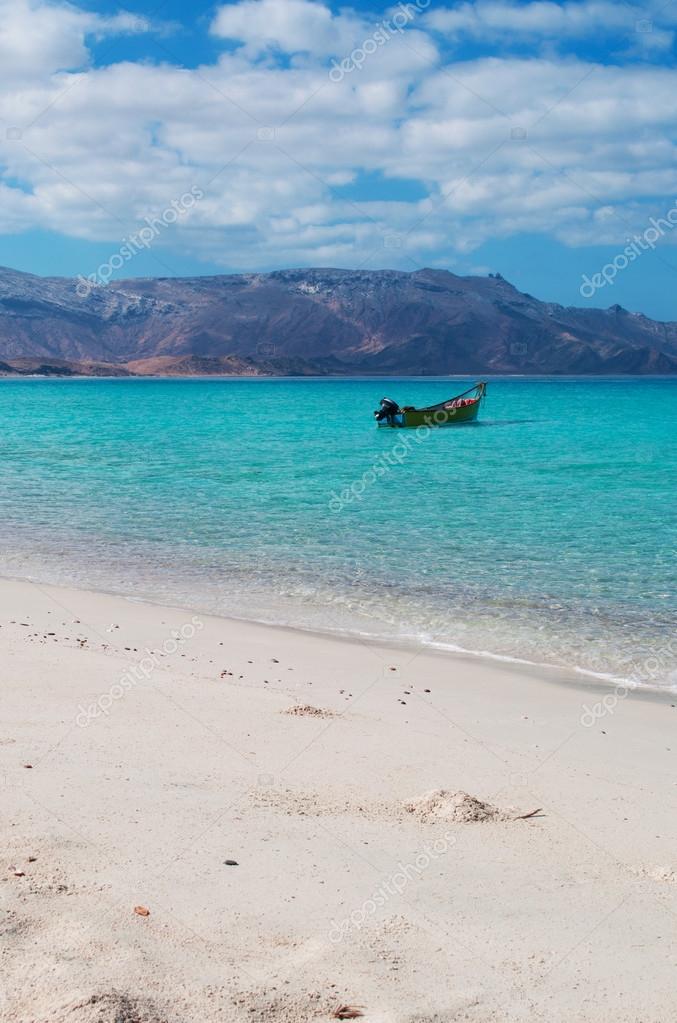 Socotra, Yemen, Middle East: the breathtaking landscape with a boat on ...