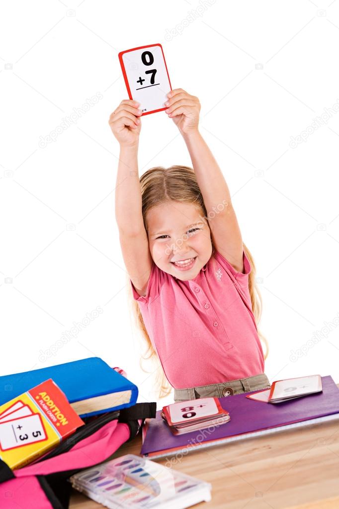 Education: Smiling Girl Studying Math Flash Cards Stock Photo by ...