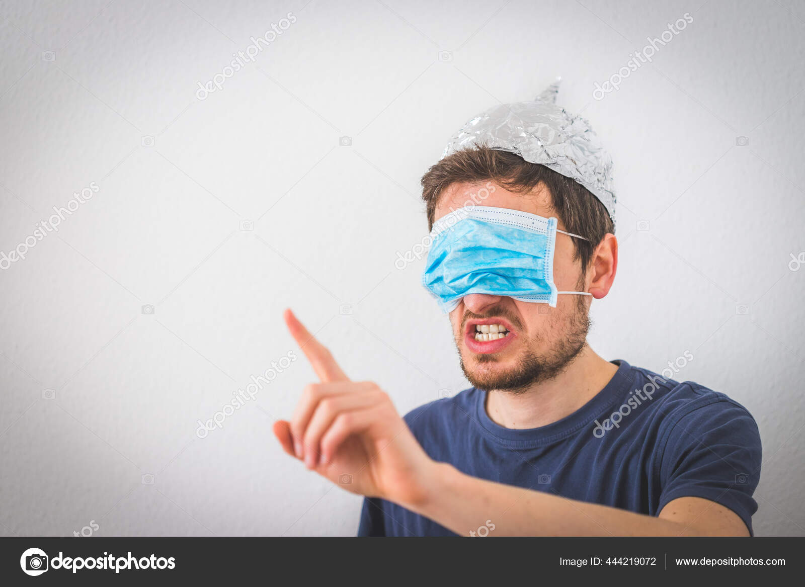 Young Angry Man Aluminum Cap Face Mask Eyes Gesturing Angry Stock Photo ...