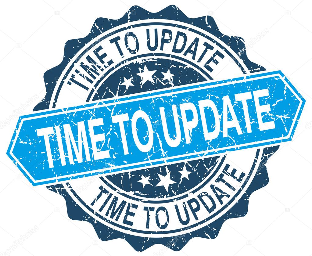 hora de actualizar el sello grunge redondo azul en blanco 2023