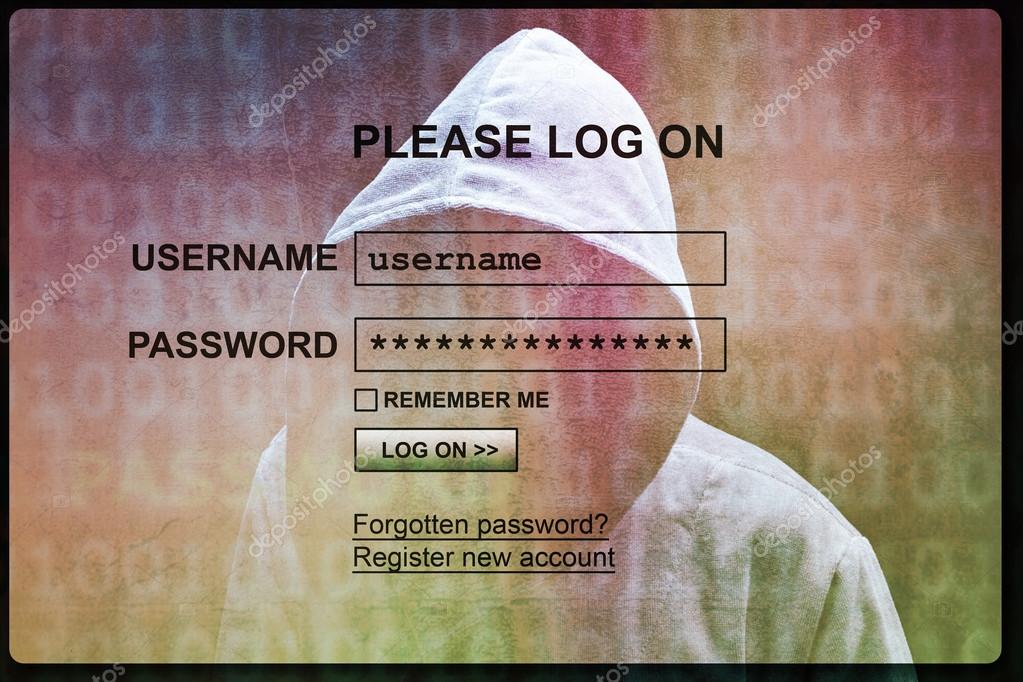 Internet login screen with silhouette of a hacker — Stock Photo ... Internet login screen with silhouette of a hacker — Stock Photo ...