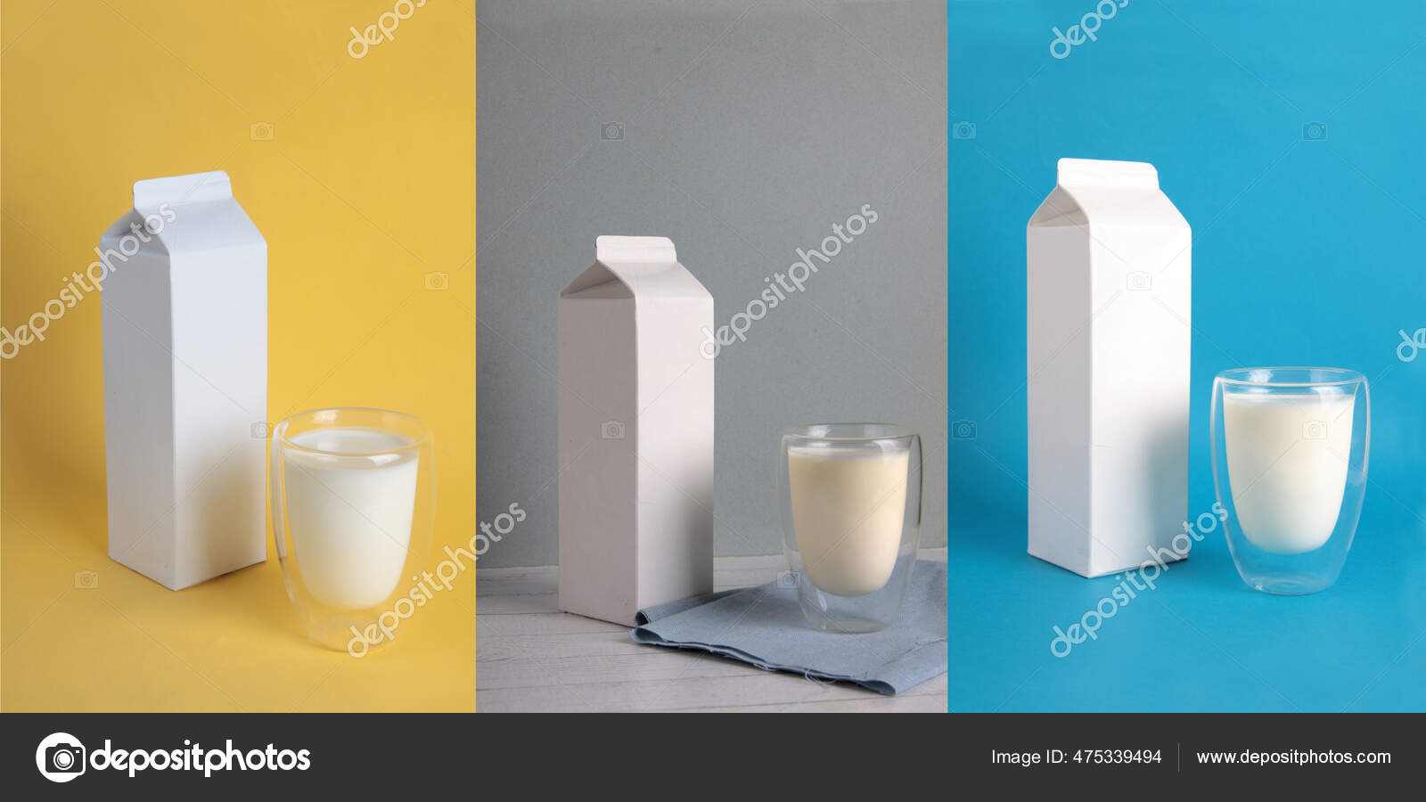 Fermented Milk Collage White Pack Glass Kephir Isolated Yellow Blue ...