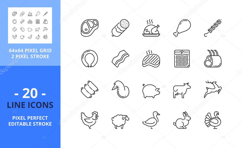 Iconos de línea sobre la carne. Contiene iconos como carnicería, bistec ...