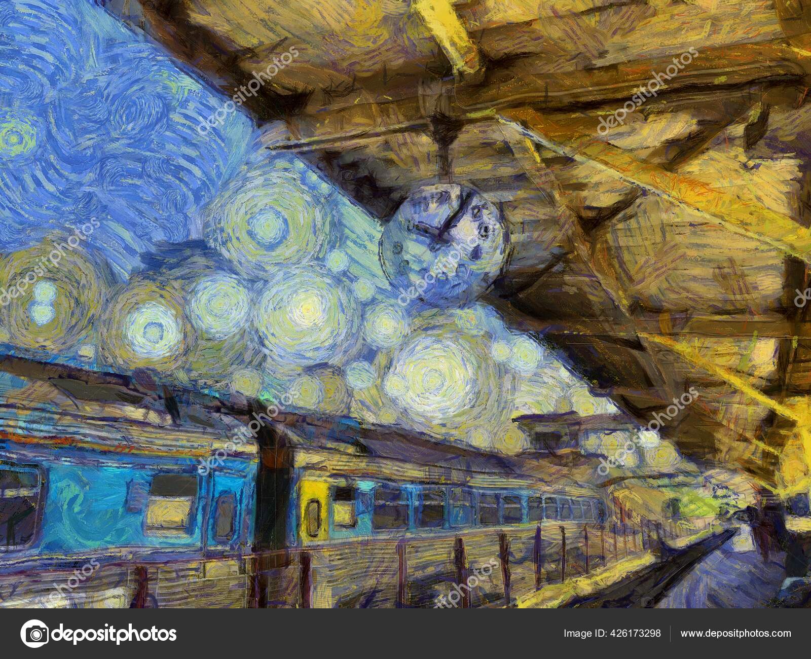 Big Train Station Clock Illustrations Creates Impressionist Style ...