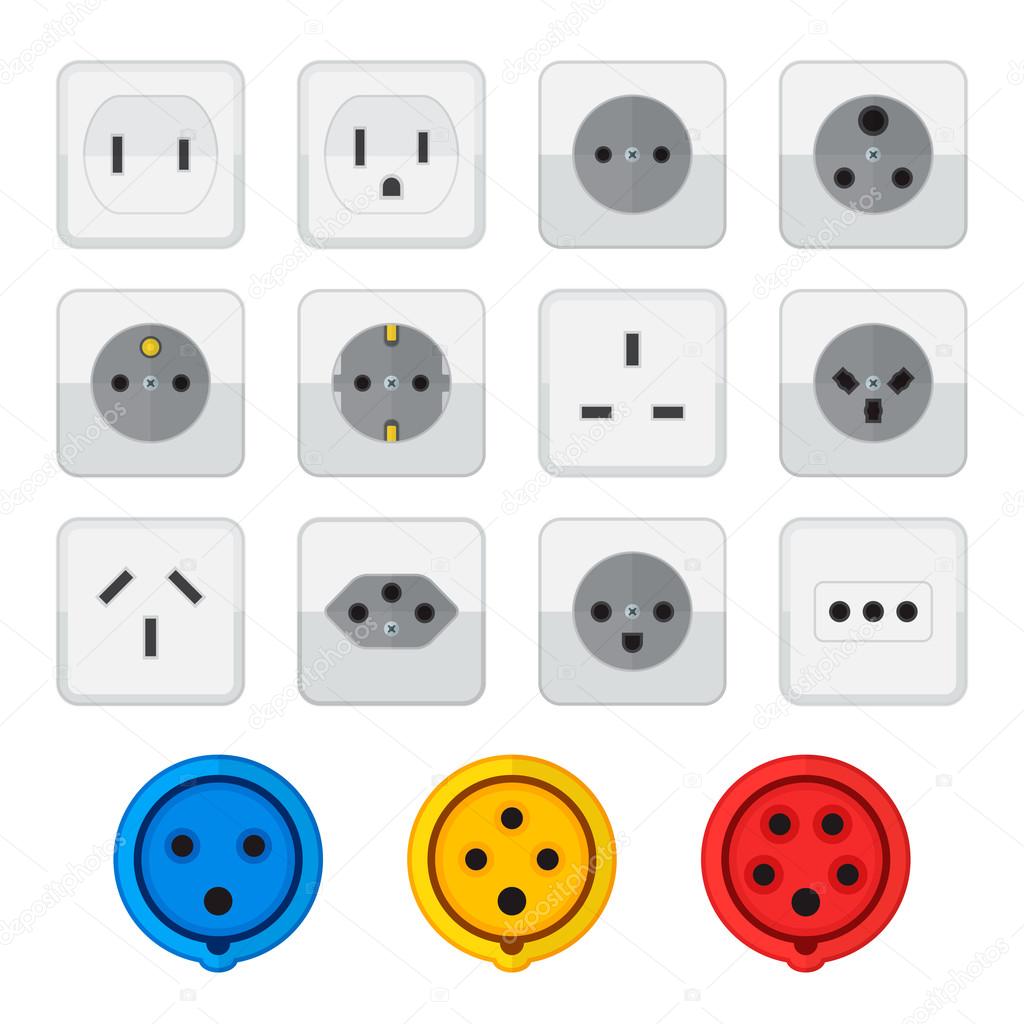 Flat style colored home industrial power socket types icon colle Stock ...