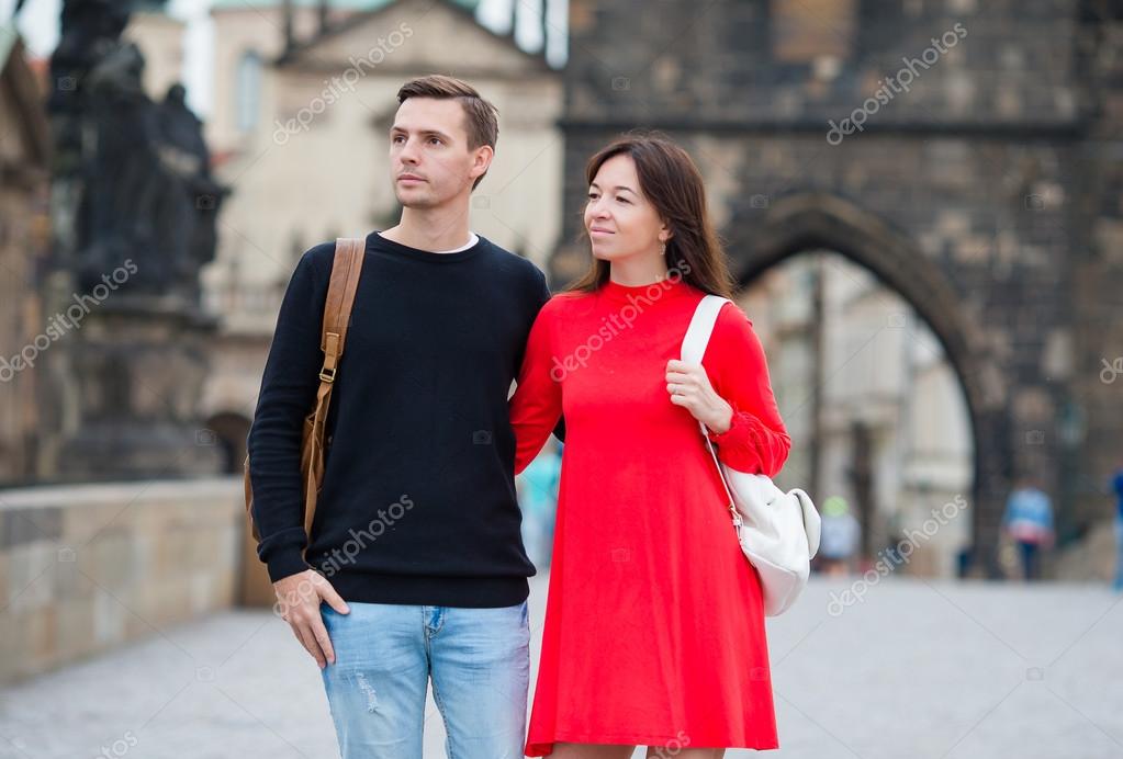 Romantic Couple Walking Together In Europe Happy Lovers Enjoying