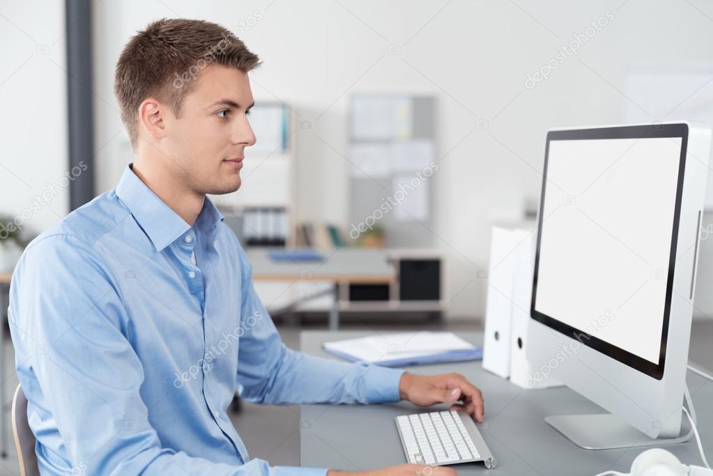 Businessman Staring at Computer Screen on his Desk — Stock Photo ... Businessman Staring at Computer Screen on his Desk — Stock Photo ...