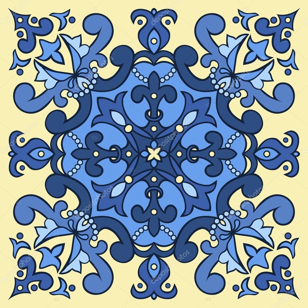 Hand drawing tile pattern in blue and yellow colors. Italian majolica ...