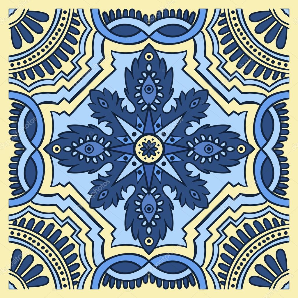 Hand drawing tile pattern in blue and yellow colors. Italian majolica ...