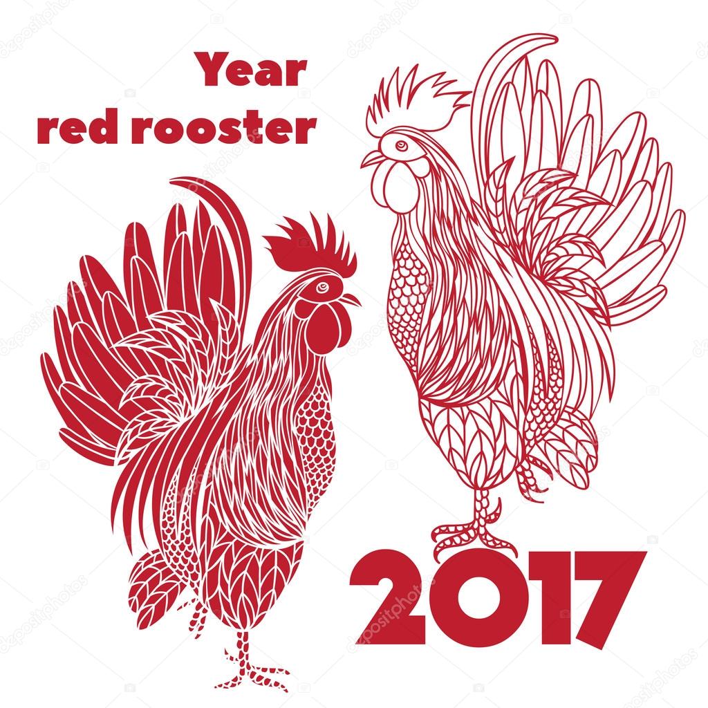 Set of red roosters.. Hand-drawn doodle contour and silhouette Stock ...