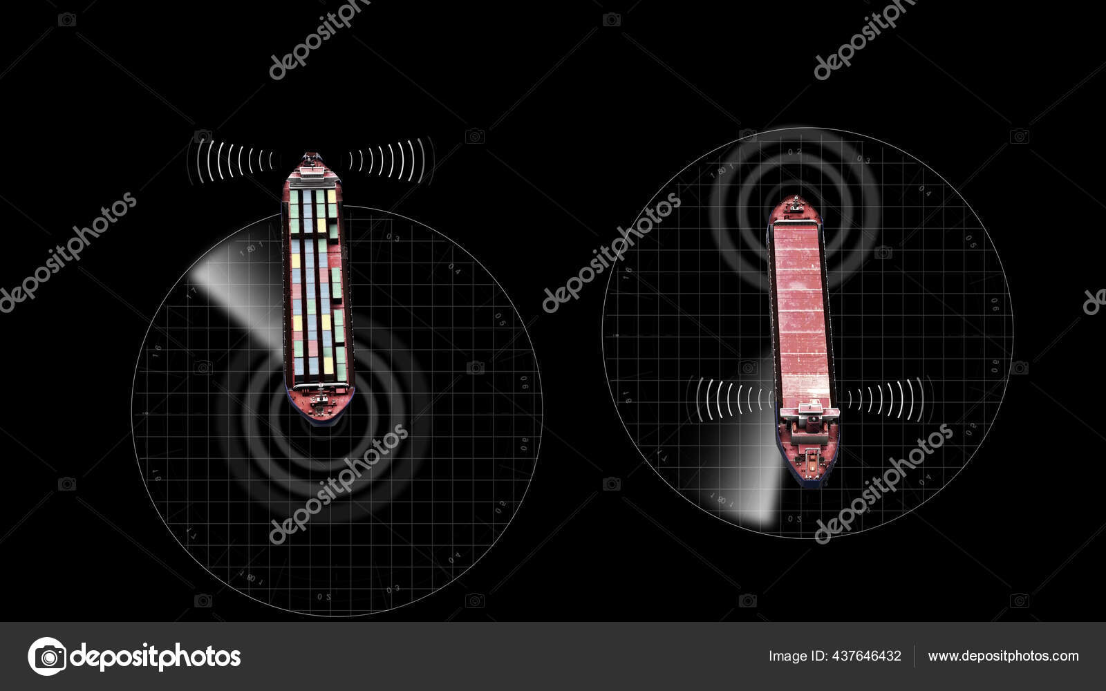 Rendering Two Cargo Ships Radar Antenna Signal Black Background Wifi ...