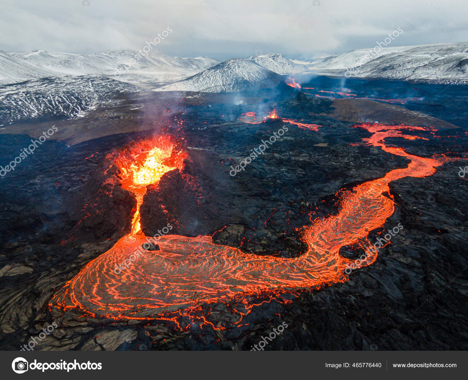 Lava Eruption Volcano Snowy Mountainsdrone View Iceland Hot Lava Magma ...