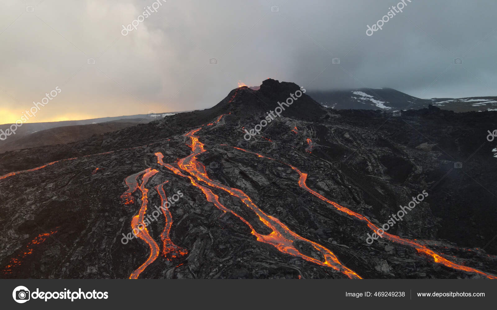 Lava Eruption Volcano Snowy Mountains Aerial Viewhot Lava Magma Coming ...