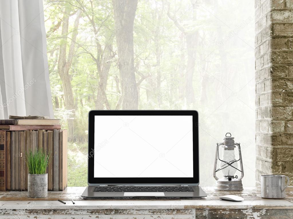 Mock up Laptop, Outdoor view, — Stock Photo © CorDesign #59308999