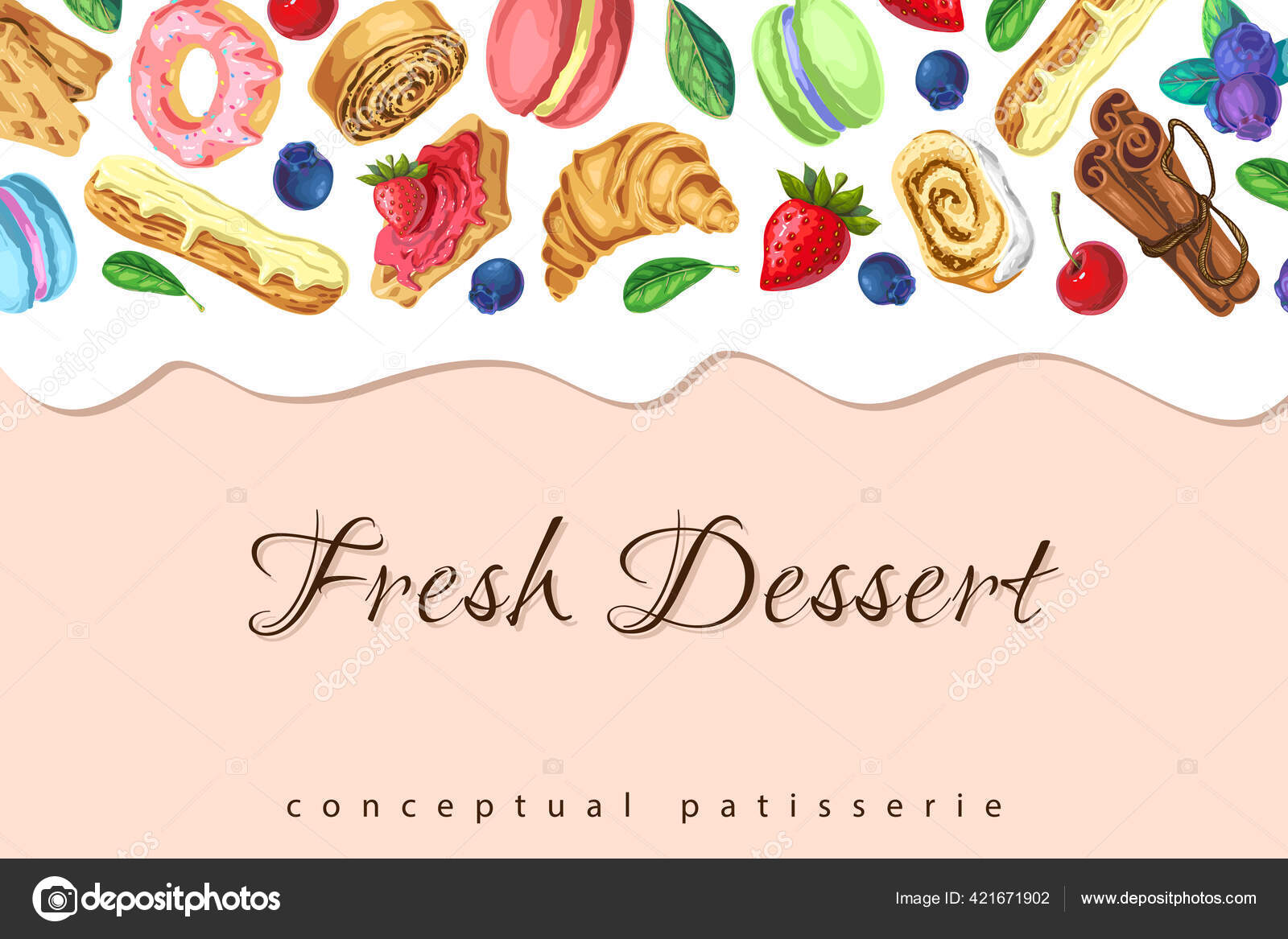Vector background with flowing cream, sweets and dessert on pink. cute ...