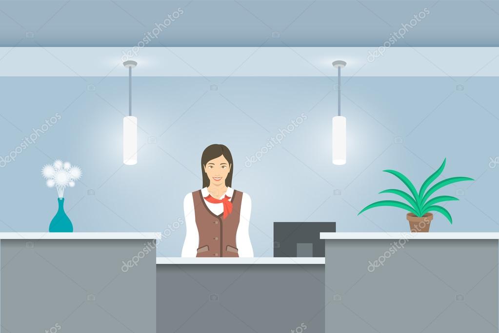 Woman receptionist in uniform stands at reception desk front view Stock ...