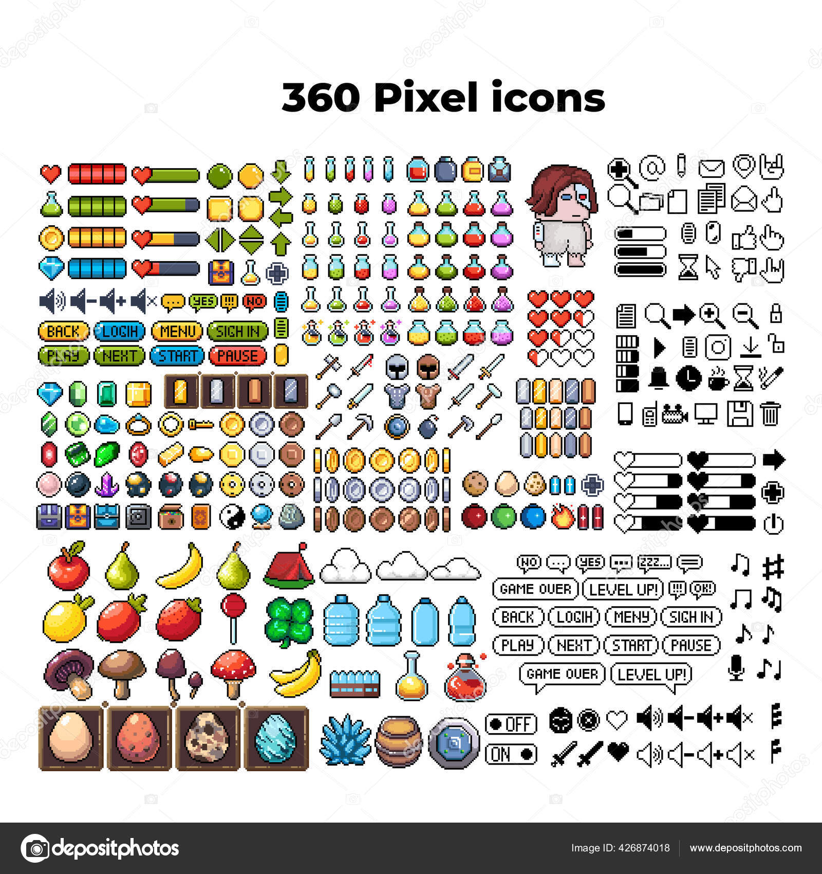 Set Bit Pixel Graphics Icons Isolated Vector Illustration Game Art ...