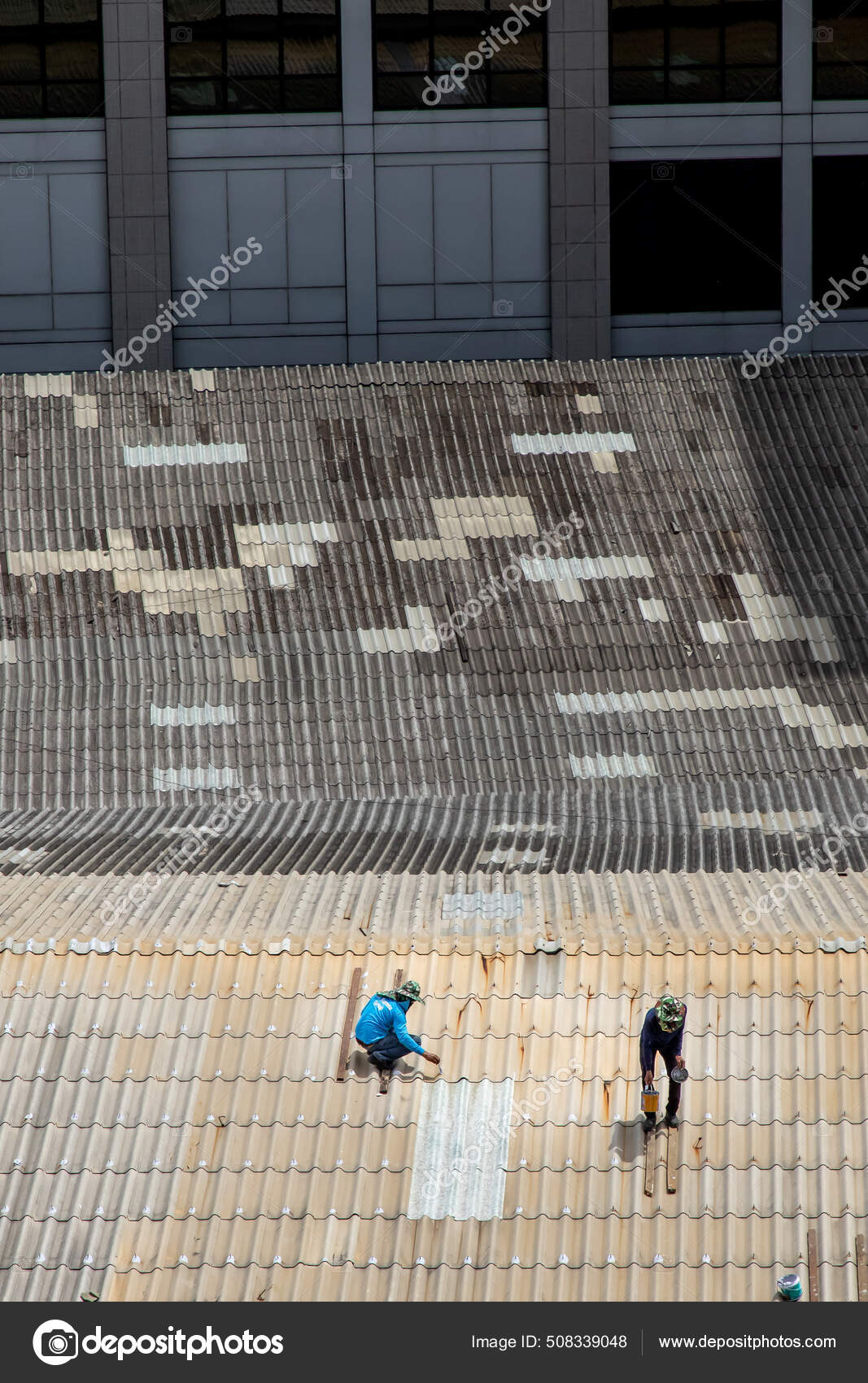 Bangkok Thailand Jun 2020 Two Handyman Workers Repairing Tiles Damaged ...