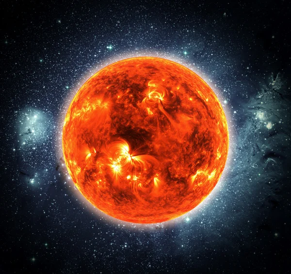 Exploding sun in space close to planet Earth and moon — Stock Photo ...