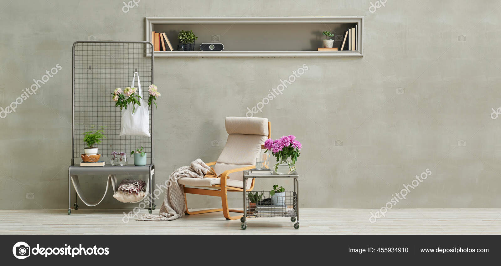 Grey Stone Wall Background Niche Rocking Chair Flower Detail Home Stock ...