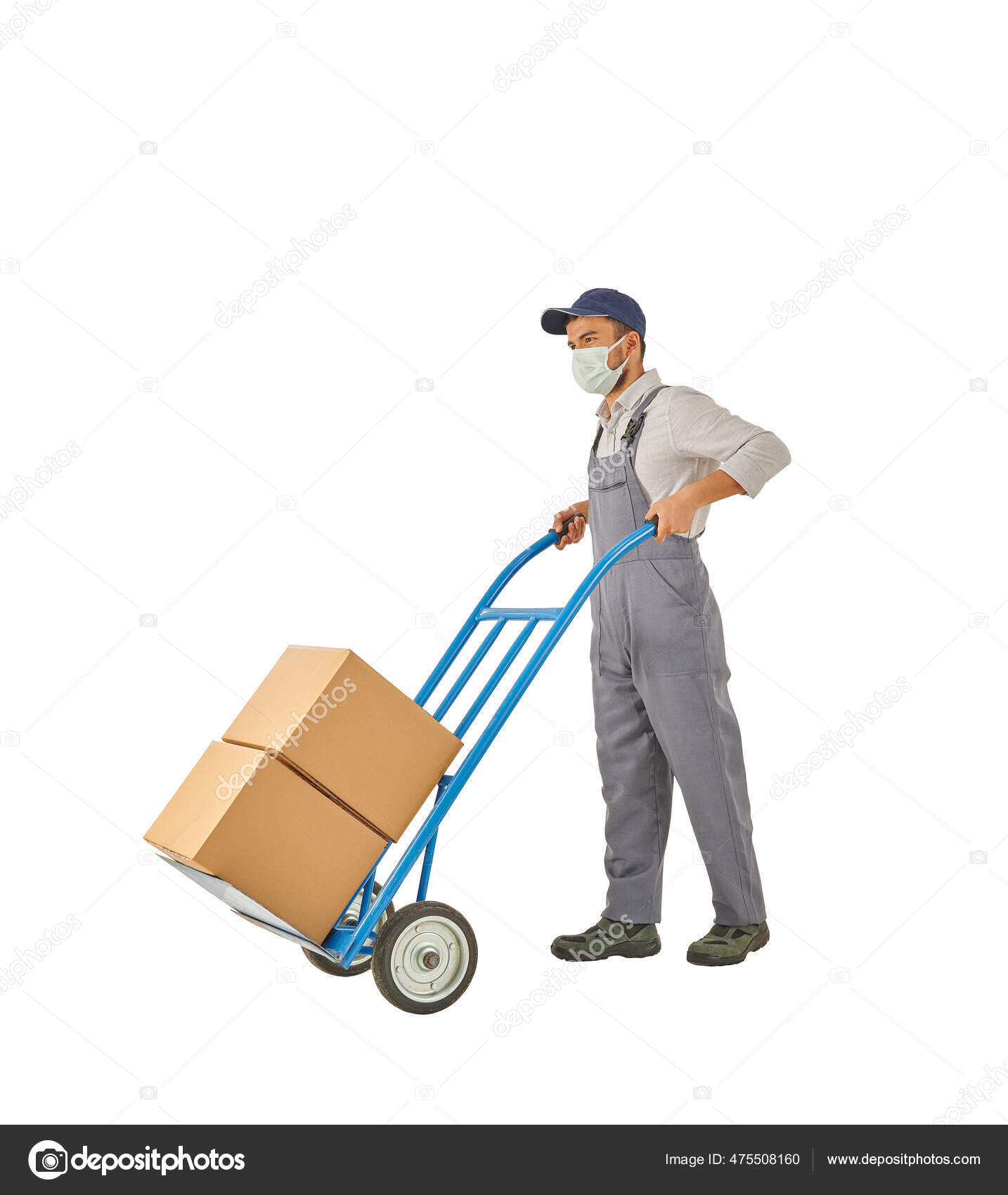 Delivery Man Pushing Pointing Out Hand Truck Trolley Isolated White ...