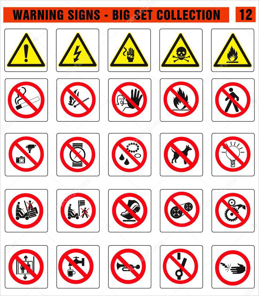 Conjunto de señal obligatoria, señal de peligro, letrero de advertencia ...