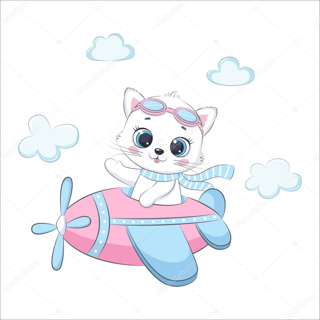 Lindo gatito bebé está volando en un avión. Dibujos animados vector ...