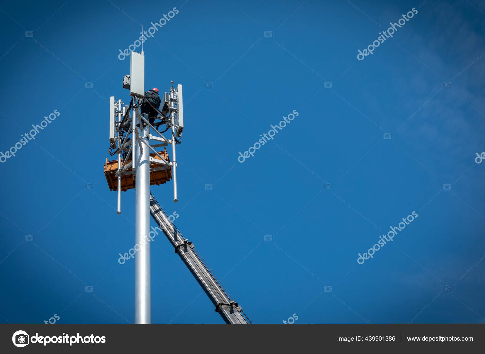 Workers Install Cellular Base Station Transmitters Antennas Cell Tower ...