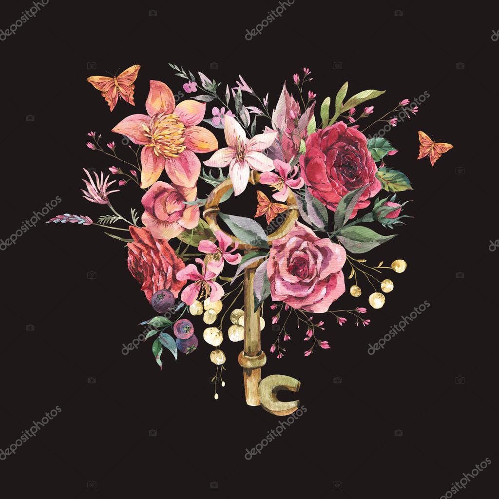 Vintage acuarela antigua llave con rosas y flores silvestres tarjeta de felicitación ...