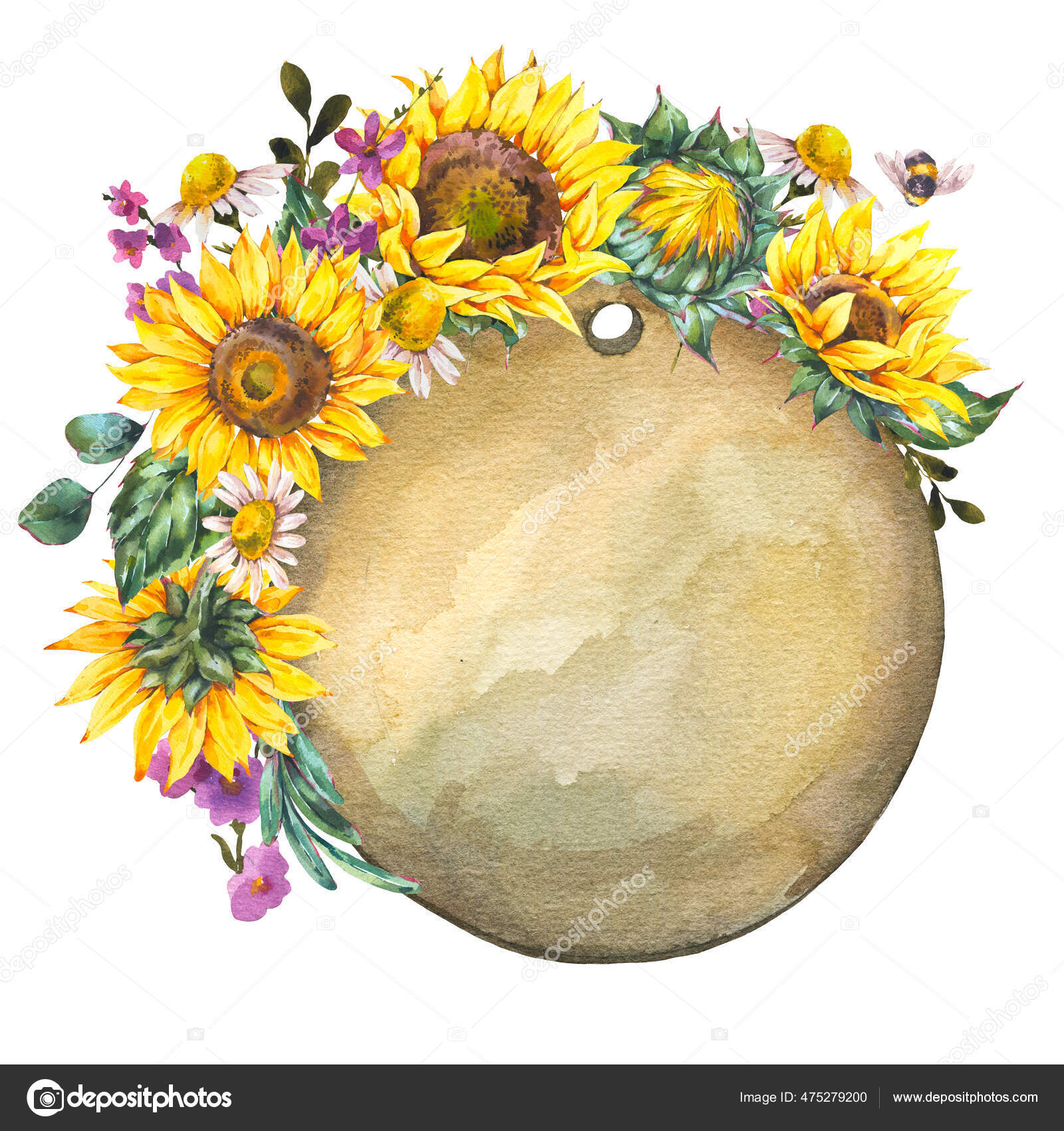 Watercolor Rustic Farmhouse Sunflower Label Wildflowers Meadow Flowers ...