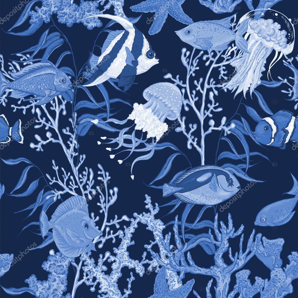 Blue sea life seamless background, underwater vector illustration Stock ...