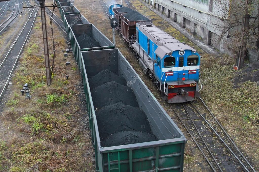 On the rails, two freight trains loaded with coal — Stock Photo ...
