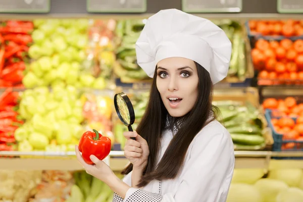 Happy Lady Chef Inspecting Vegetables with Magnifying Glass Stock Photo ...