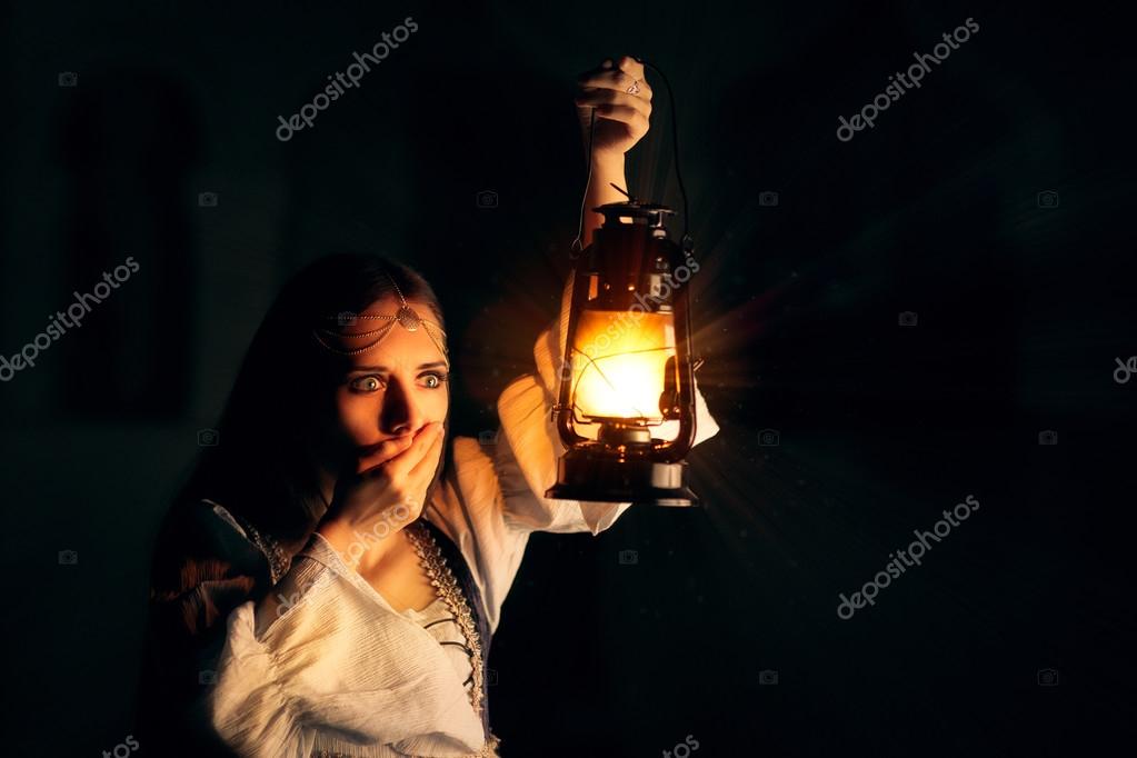Scared Medieval Princess Holding Lantern Stock Photo by ...