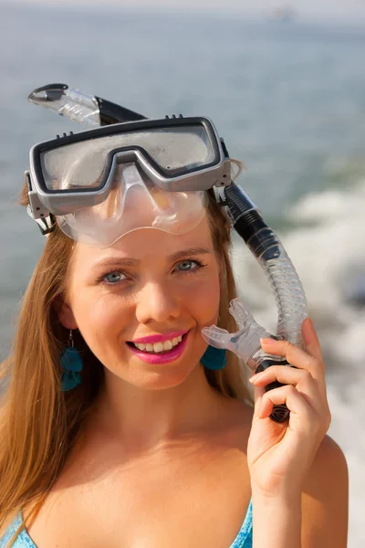 Portrait Of A Happy Middle Aged Woman Wearing Snorkel And Goggle ⬇