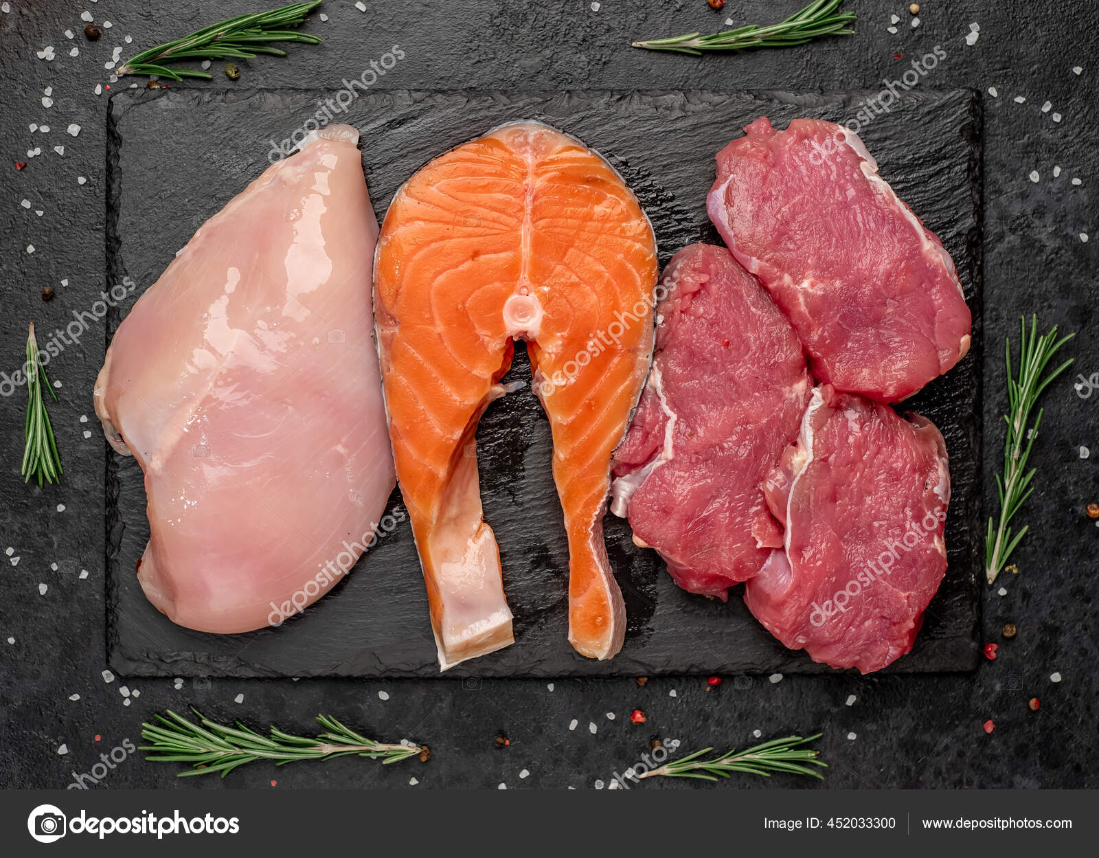 Raw Meat Fish Steaks Black Slate Surface Stock Photo by ...