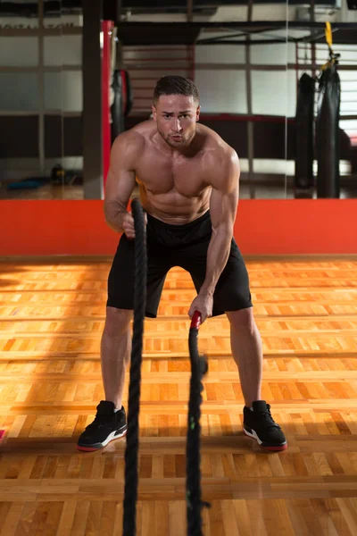 Young Man Battling Ropes At Gym Workout Exercise - Stock Image - Everypixel