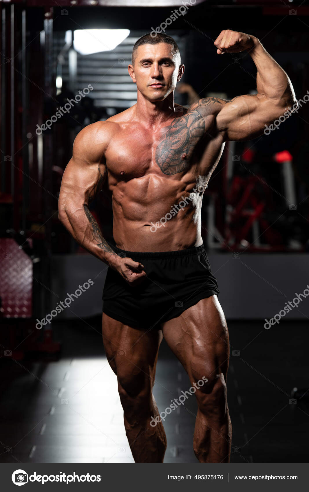 Handsome Man Standing Strong Gym Flexing Muscles Muscular Athletic ...