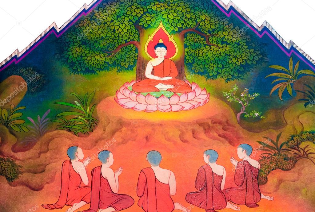 Ancient Mural painting of the first five followers of the Buddha in ...