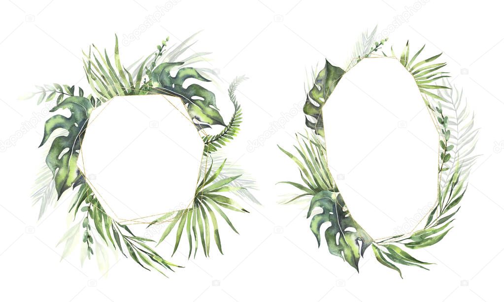 Colección de marcos de verano acuarela con hojas de palma secas ...