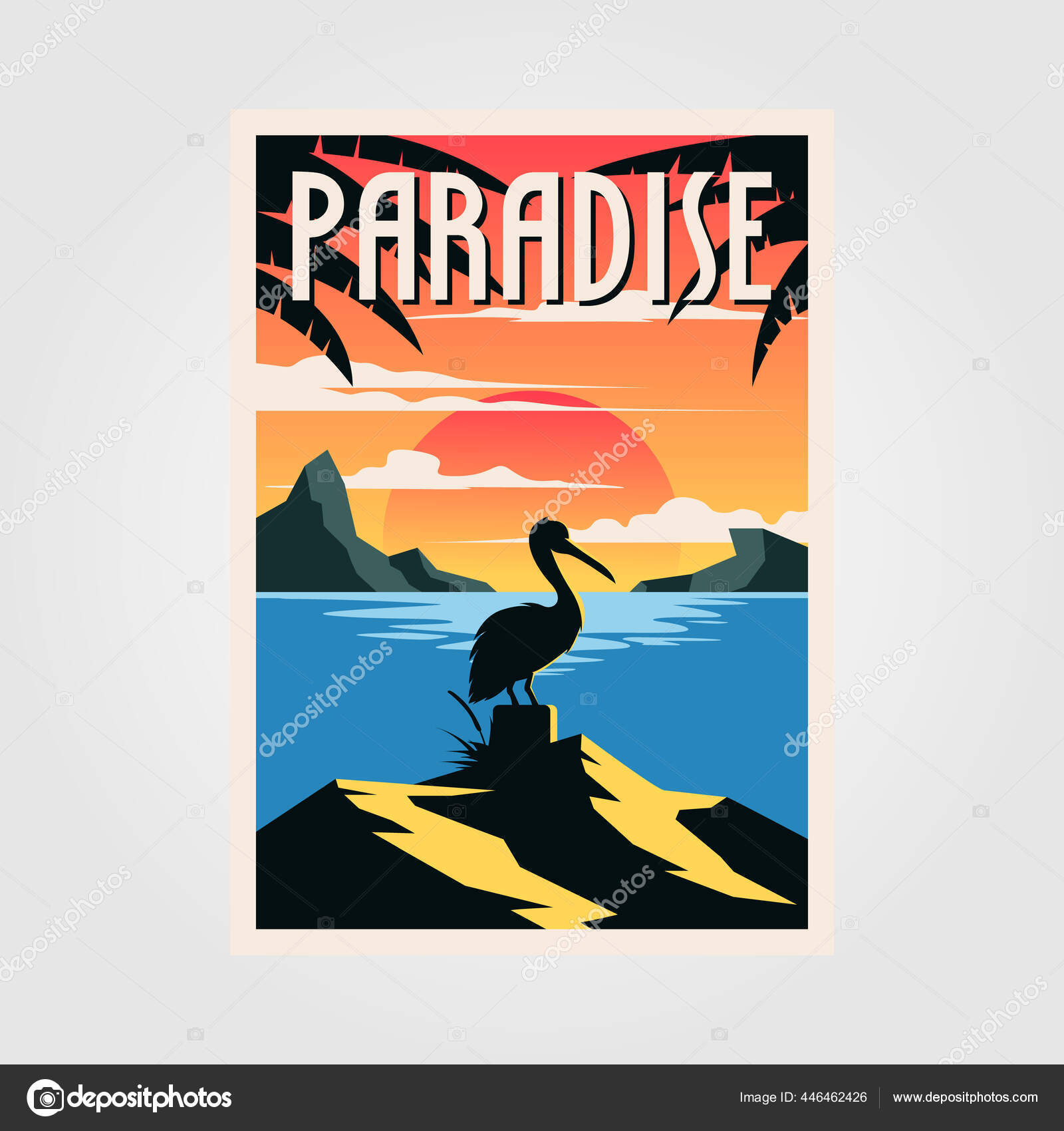 Paradise Beach Vintage Poster Vector Pelican Bird Illustration Design ...