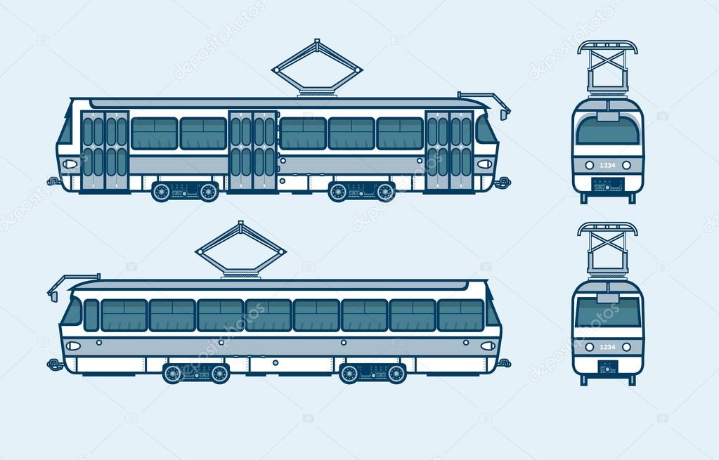 Dark blue tram front, side, back view line style Stock Vector by ...