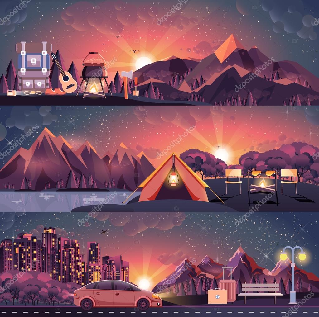 Illustration set of night landscape, mountains, sunset, travel, hiking ...