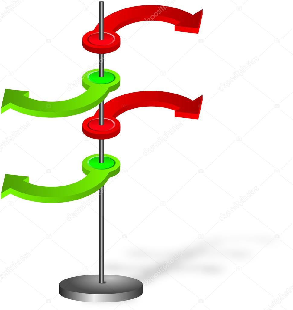 Contradictory green and red spatial arrows on metal rod — Stock Photo ...
