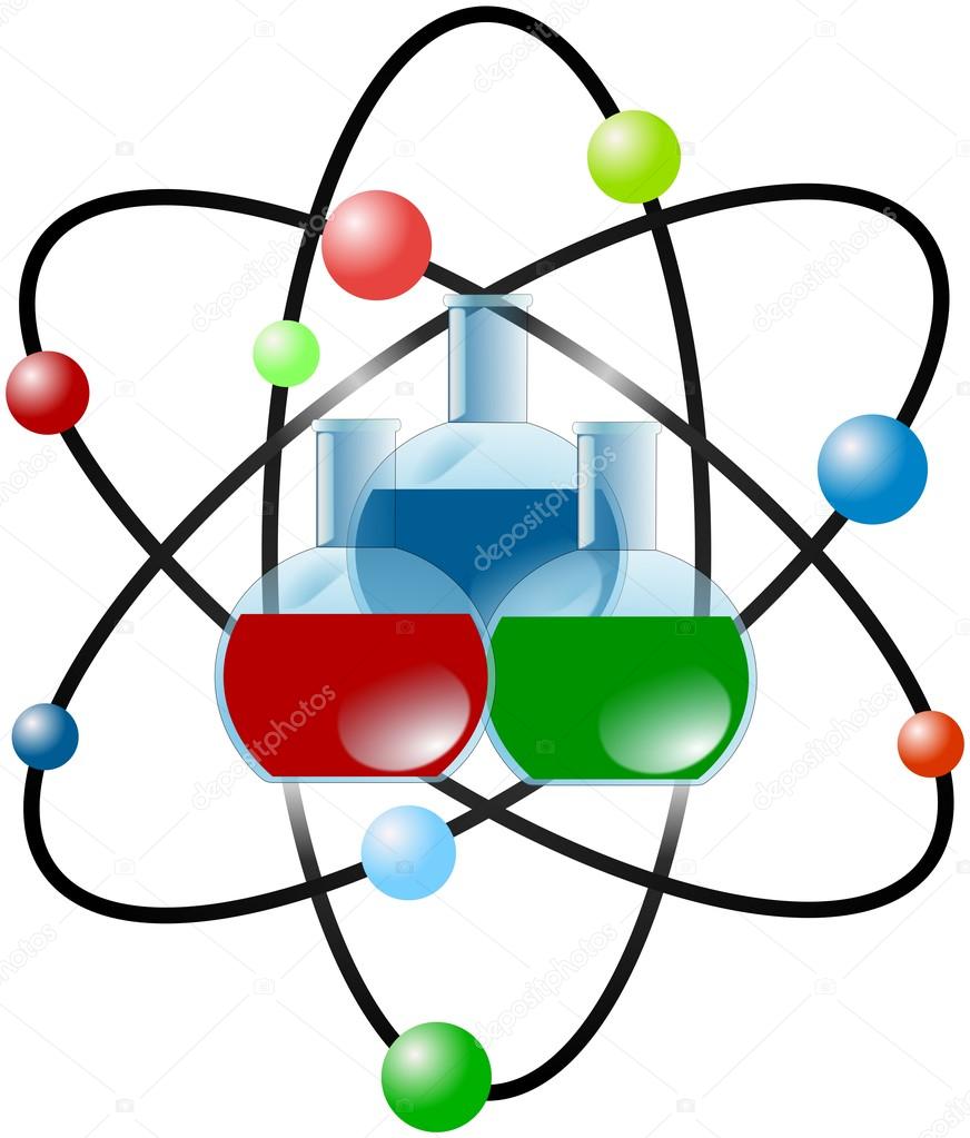 Atom scheme with colored laboratory flasks — Stock Photo © firstpentuer ...