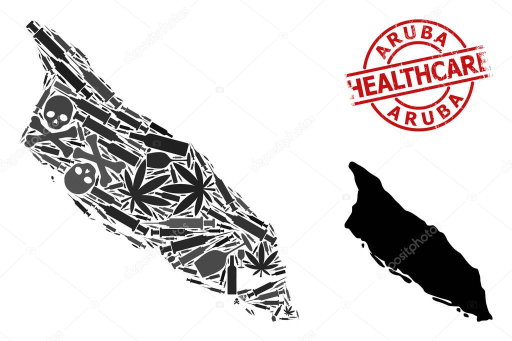 Mapa Collage de Adicciones de la Isla de Aruba y el Sello de Cuidado de la Salud Watermark 2023