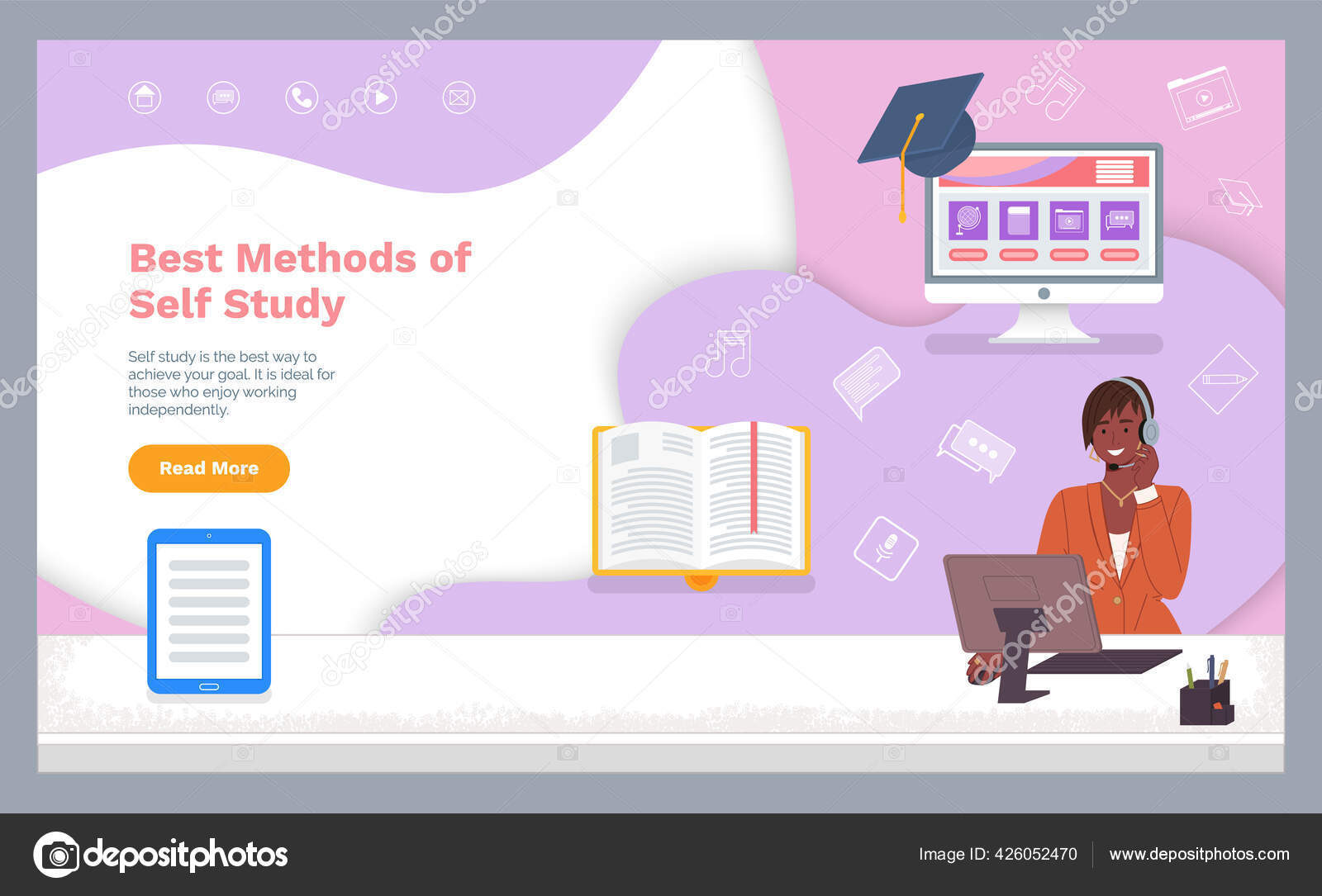Self study concept banner. Illustration of girl using computer and ...