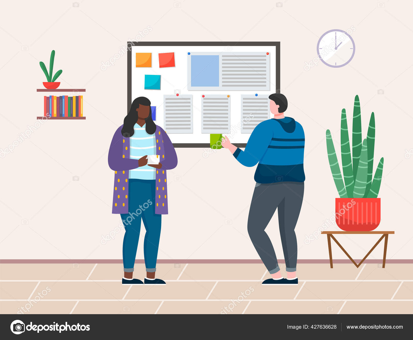 Coffee break, female characters in the office, flat style. Meeting ...