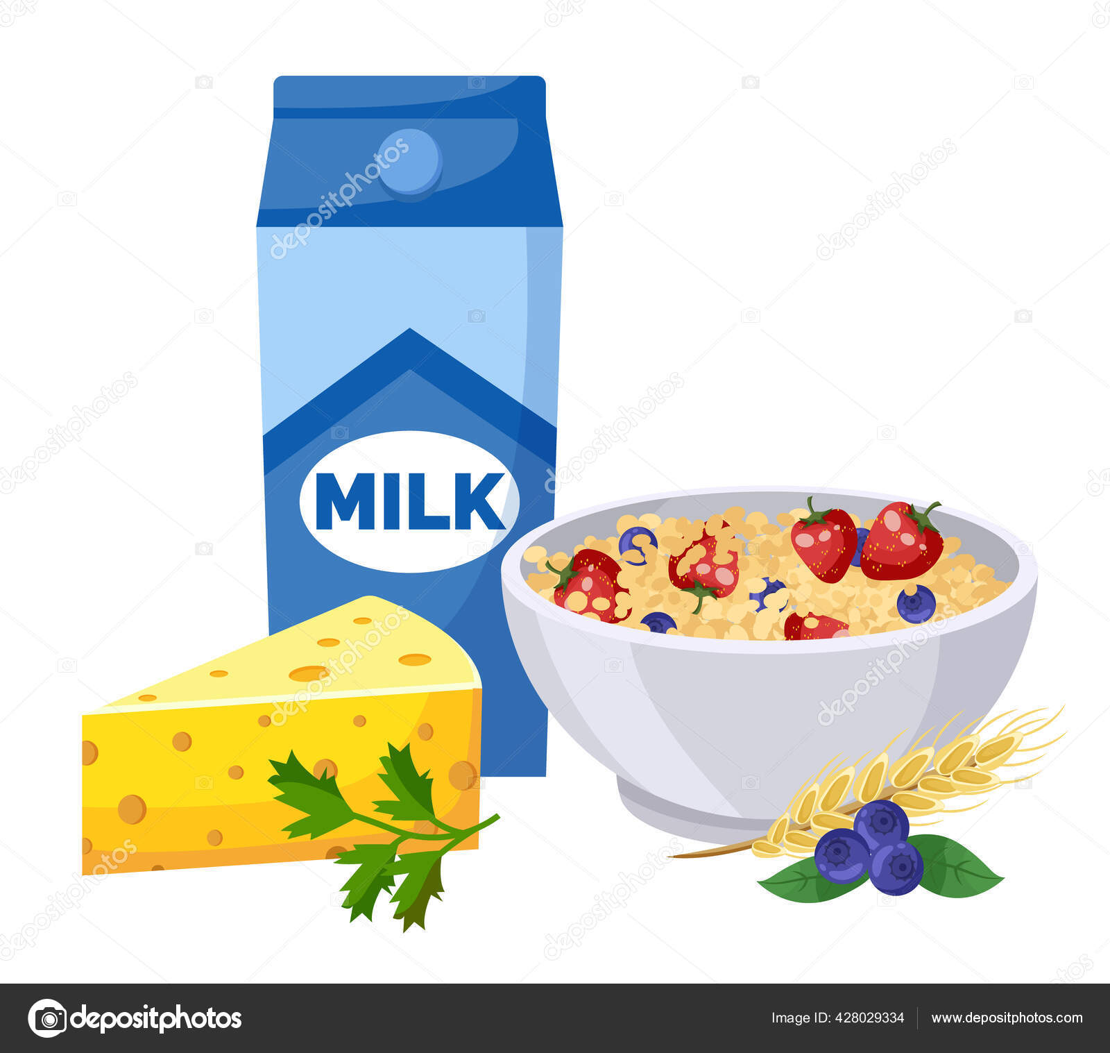 Package with milk, triangle of cheese, bowl with oatmeal, strawberries ...